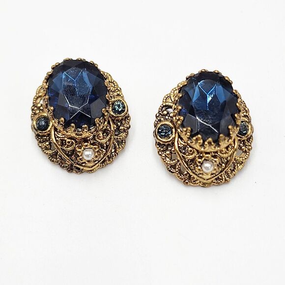 W. Germany | Jewelry | Vintage W Germany Deep Blue Glass Faux Pearl Gold Tone Filigree Clip ...